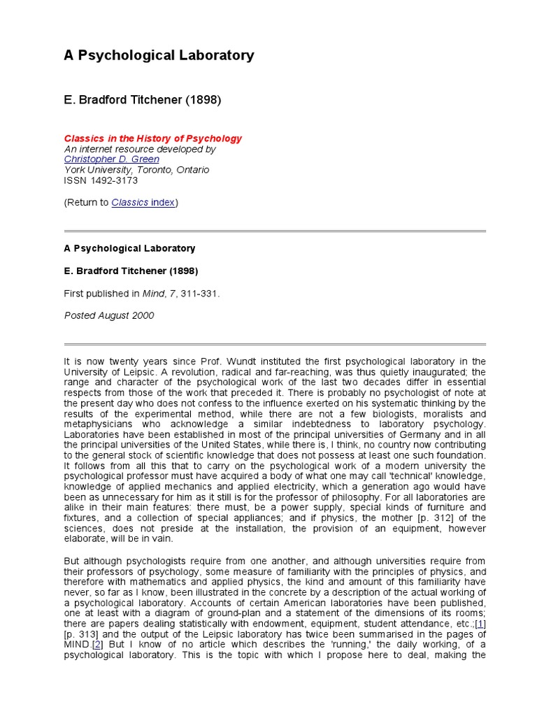 Titchener - Psychological Laboratory | PDF