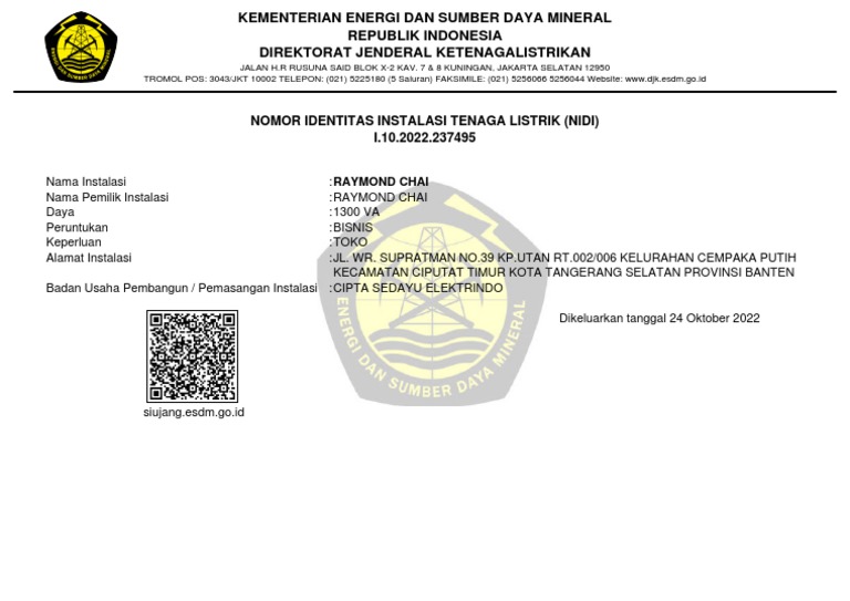 Contoh Nomor Induk Instalasi Listrik | PDF
