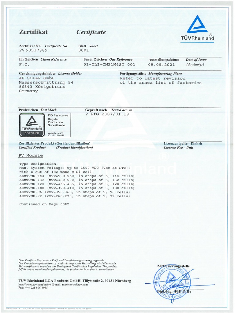 2.PID Free Cert - TUV Rheinland | PDF