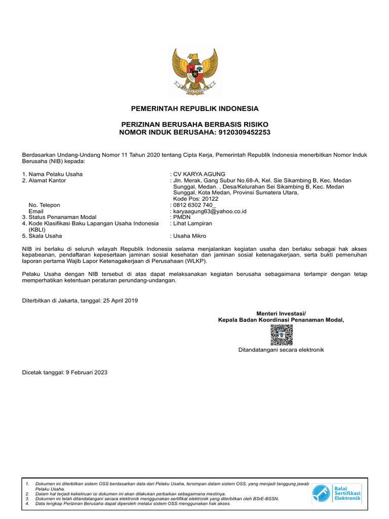 NIB CV Karya Agung | PDF
