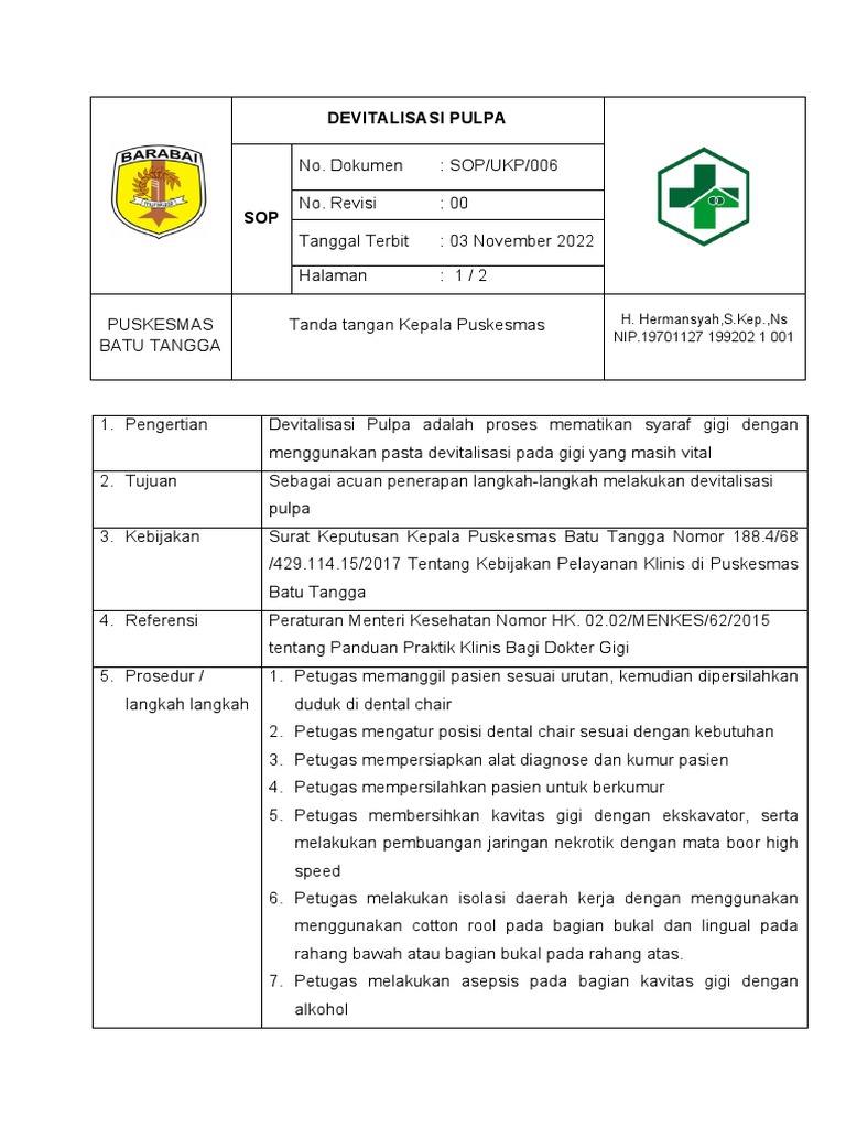 Sop Devitalisasi Pulpa | PDF