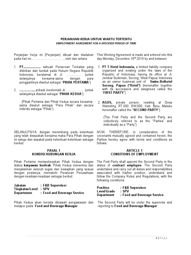 Draft PKWT-PKWTT | PDF | Pengelolaan Keuangan & Uang