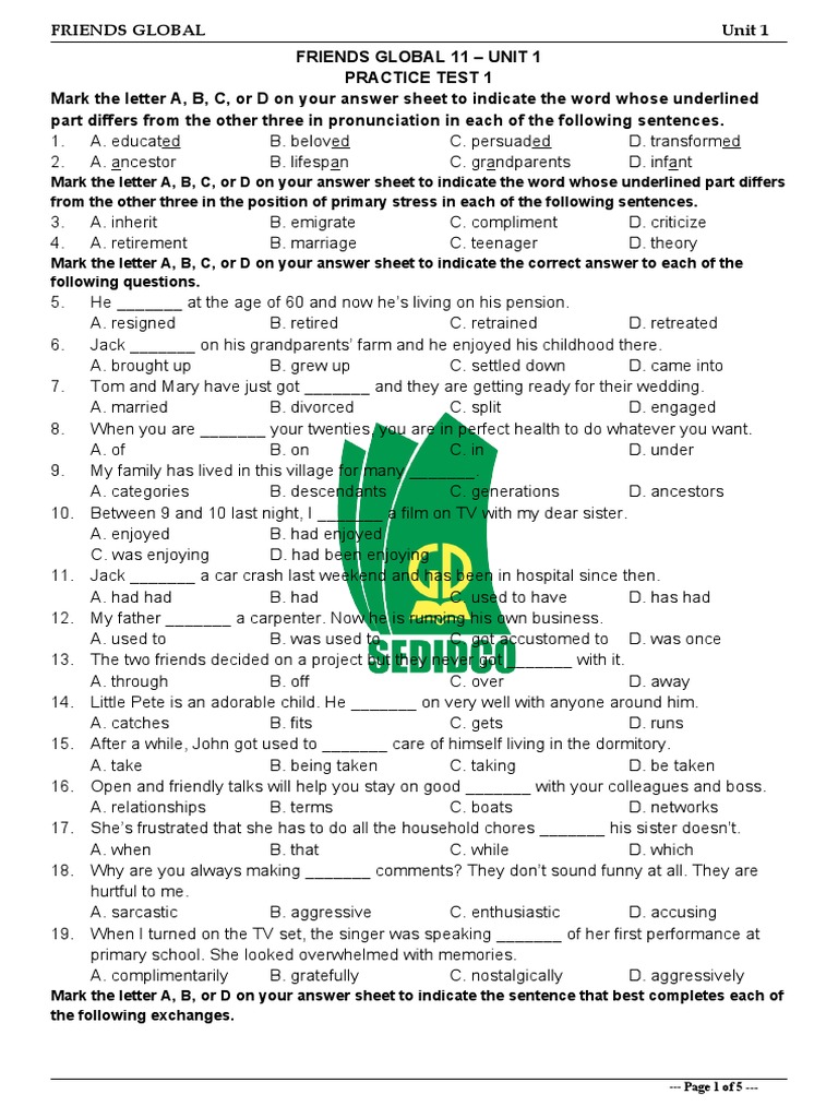 Unit 1 Practice Test: Friends Global 11 | PDF