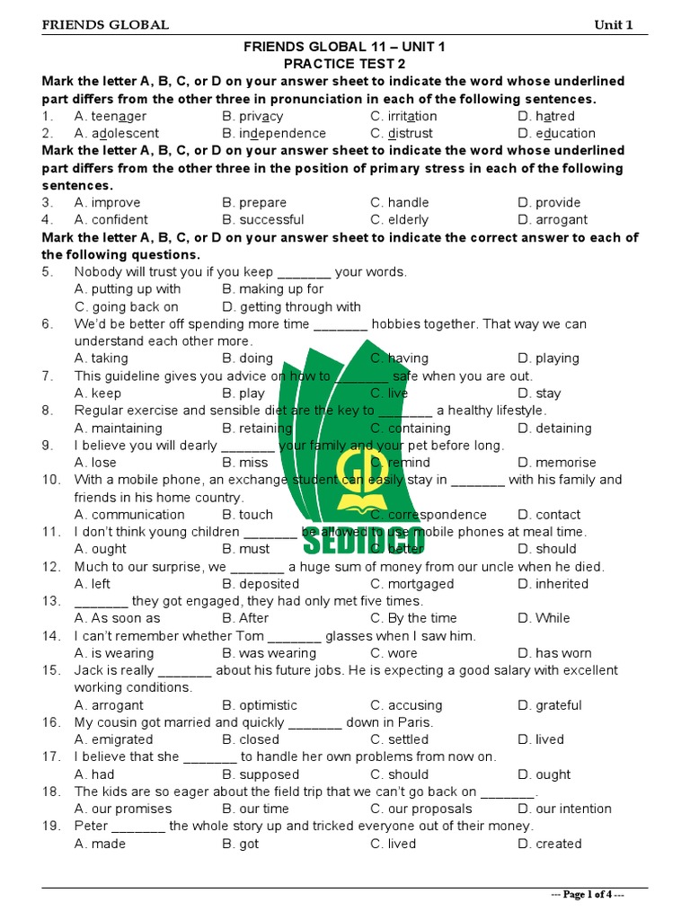 Tieng Anh 11 Friends Global - Unit 1 - Test 2 | PDF