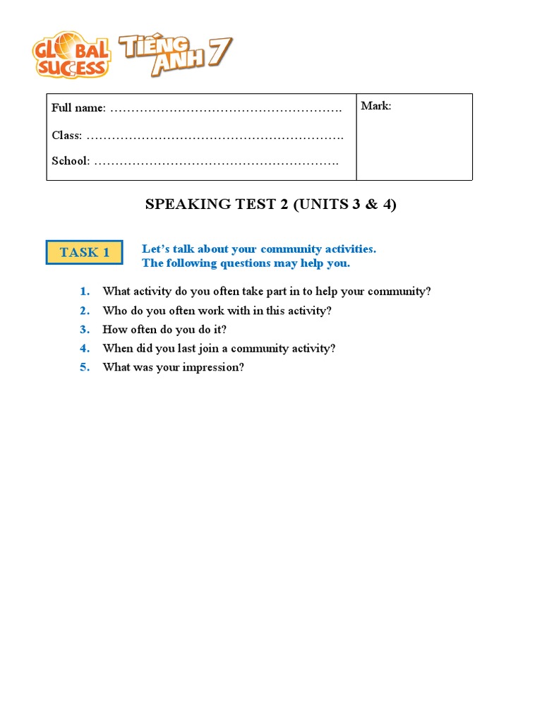 Speaking Test 2 (Units 3 - 4) | PDF | Social Science