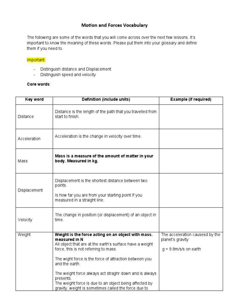 Motion and Force Glossary | PDF | Force | Weight