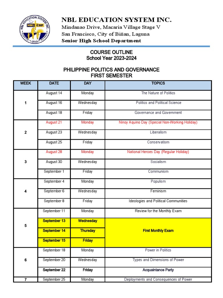 Q1 - Course Outline - Philippine Politics and Governance 11 - Edited ...