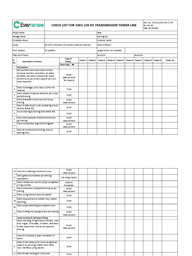 Check List For 33-220 KV Transmission Tower Line | PDF