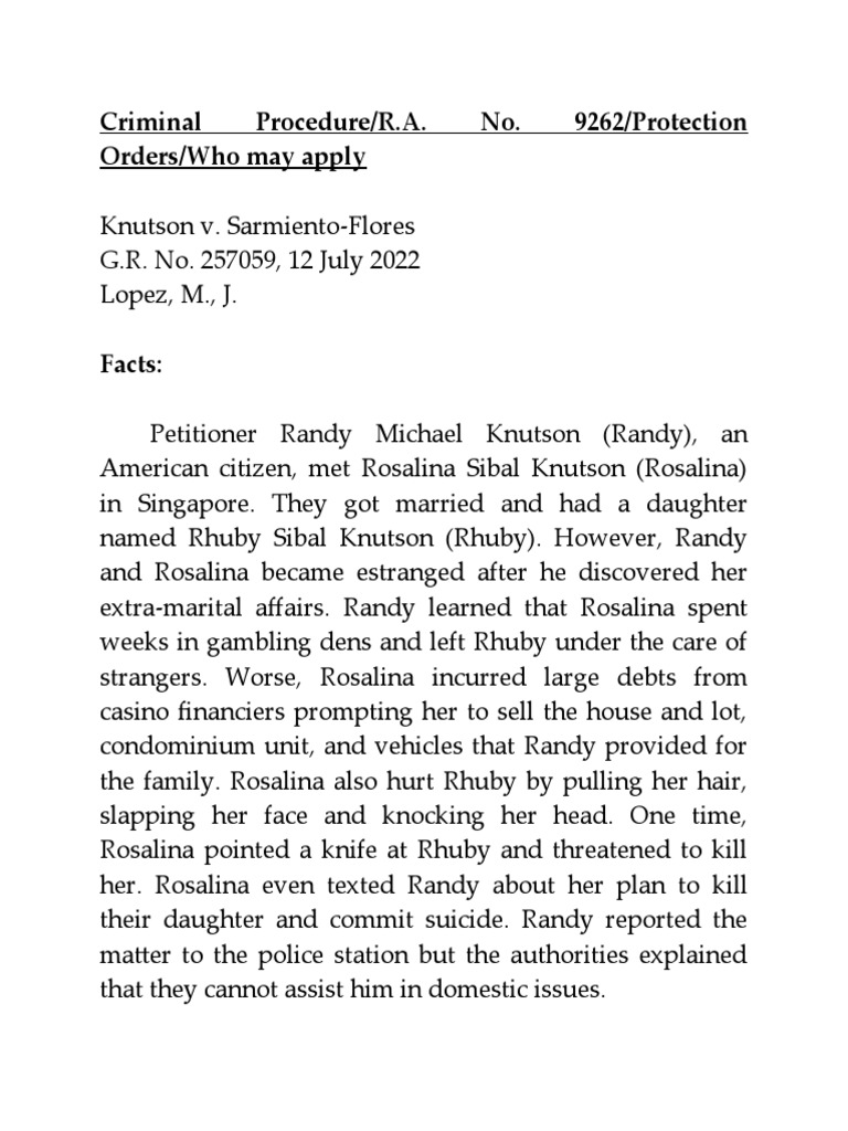 Knutson V Sarmiento-Flores Case Digest | PDF | Violence | Restraining Order