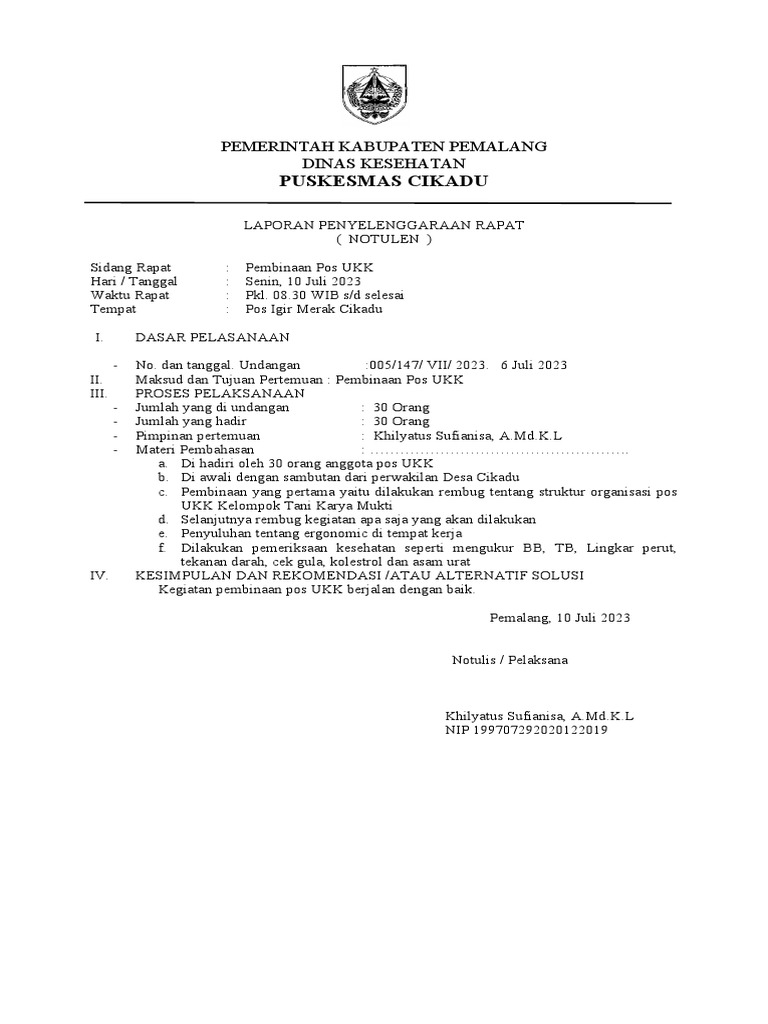 Rapat Pembinaan Pos UKK Pemalang | PDF