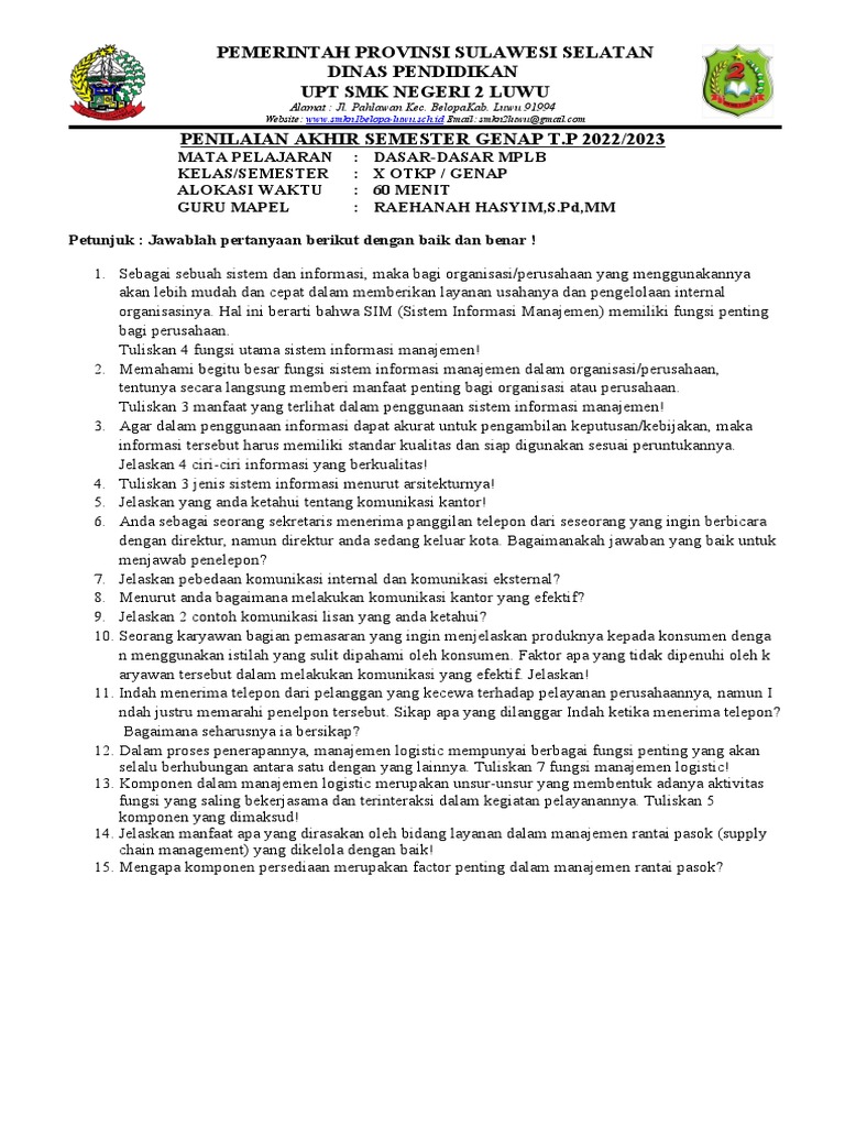 Soal MPLB Kelas X Otkp | PDF