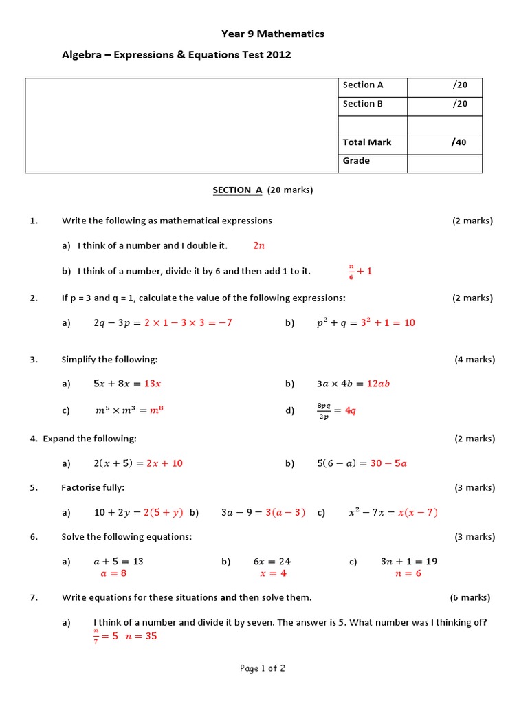 Algebra Equations Test Answers AB | PDF
