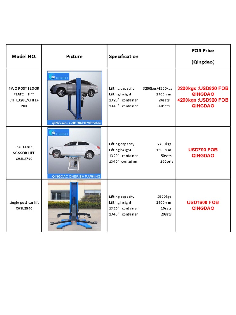 Car Lifts Price List | PDF | Vehicle Technology | Manufactured Goods