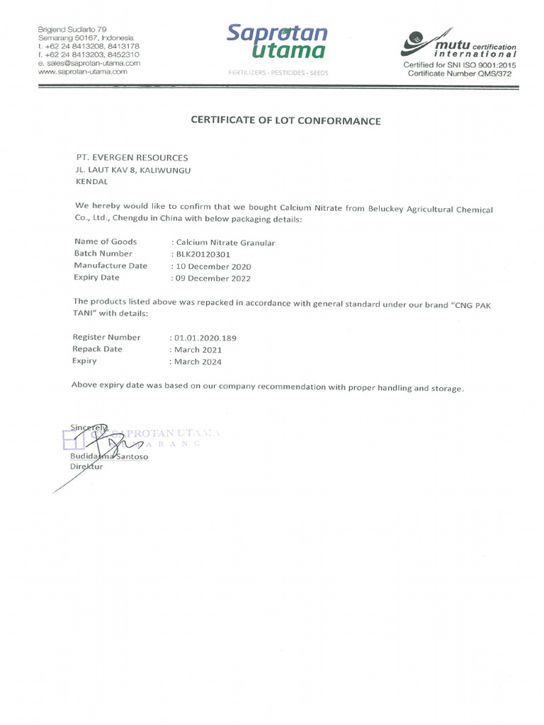 Certificate of Lot Conformance | PDF