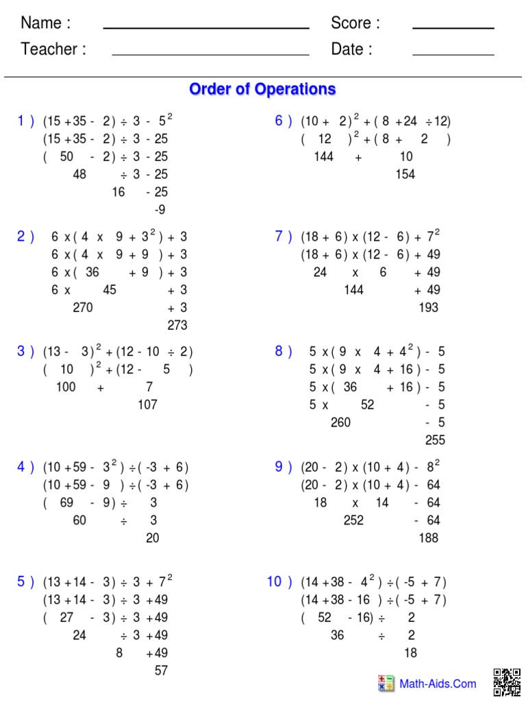 Order of Operations 1 Answers | PDF