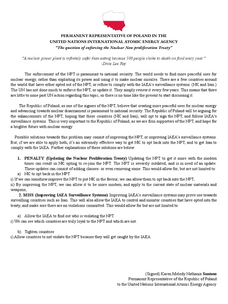 (TOPIC 2) IAEA - Poland - Karen Melody NS - JIS Model United Nations 2023 Position Paper | PDF