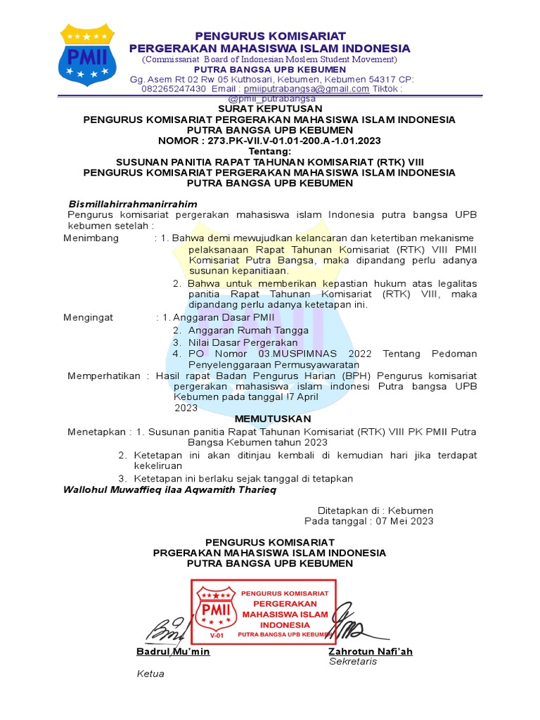 Susunan Panitia RTK VIII PMII | PDF