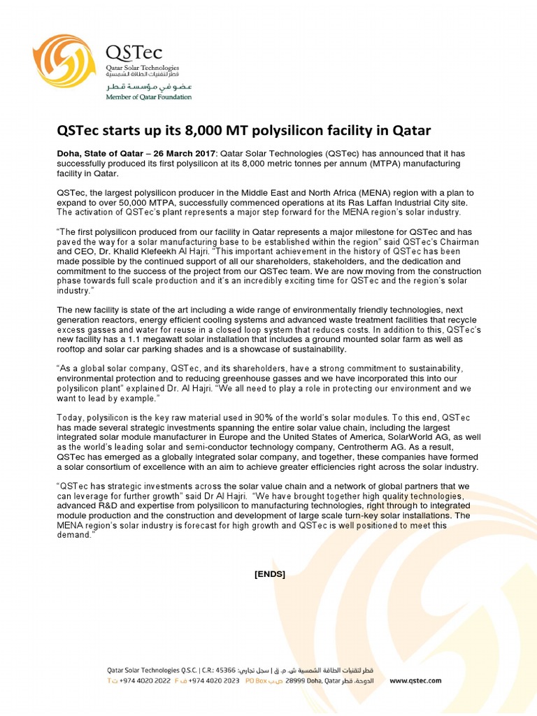 QSTec Starts Up Its Polysilicon Facility in Qatar | PDF