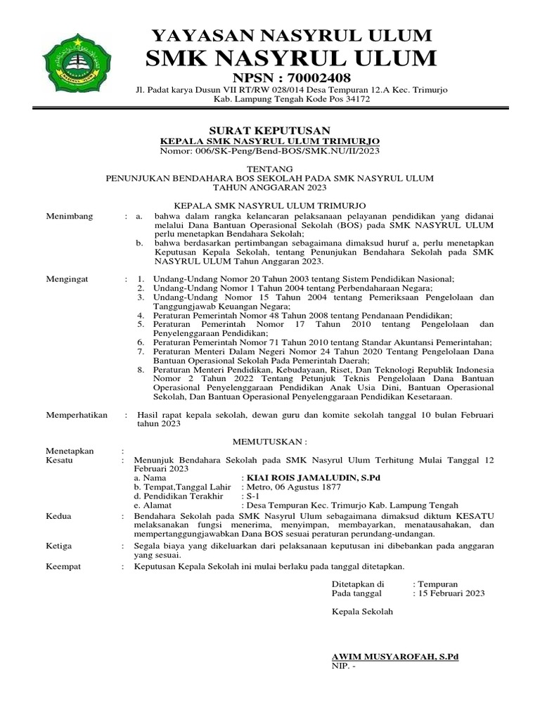 Penunjukan Bendahara BOS SMK Nasyrul Ulum | PDF