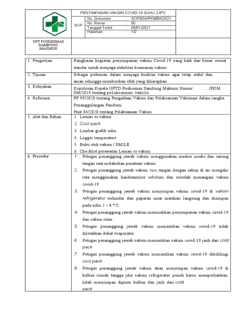 Sop Penyimpanan Vaksin Covid 19 Suhu 2 8 C PKM Bambu Apus Compress ...