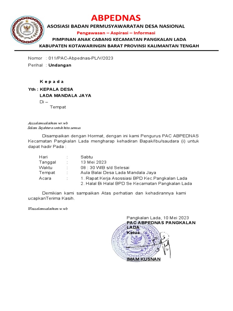 Undangan Rapat Kerja BPD Pangkalan Lada | PDF