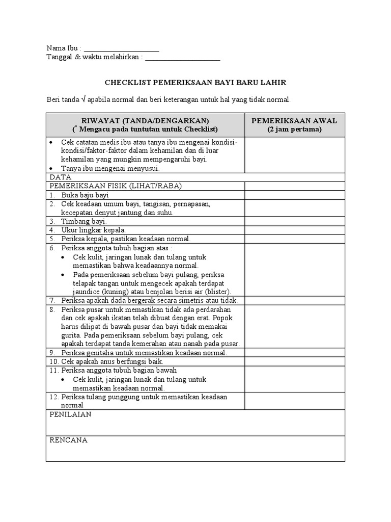 Checklist Pemeriksaan Bayi Baru Lahir | PDF