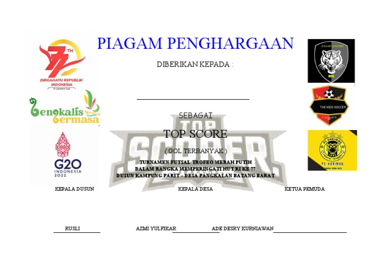 Piagam Top Score Futsal HUT RI ke-77 | PDF
