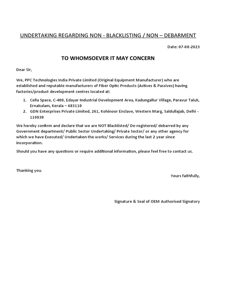 Undertaking Non Blacklisting | PDF