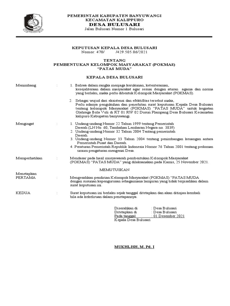 Pembentukan POKMAS "Patas Muda" | PDF