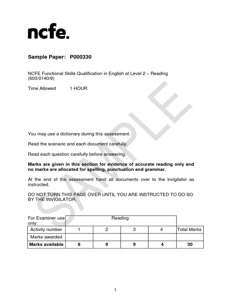 Ncfe Functional Skills English Level 2 Reading Question Paper p000330 | PDF