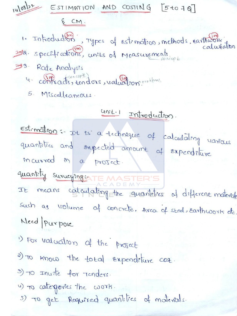 Estimation and Costing Class Notes - 1e36636f 36d2 42bb A37c ...