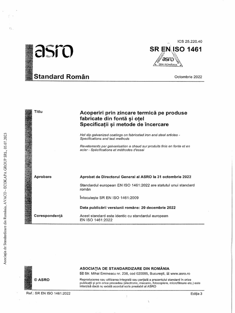 SR en ISO 1461 Acoperire Prin Zincare Termica | PDF
