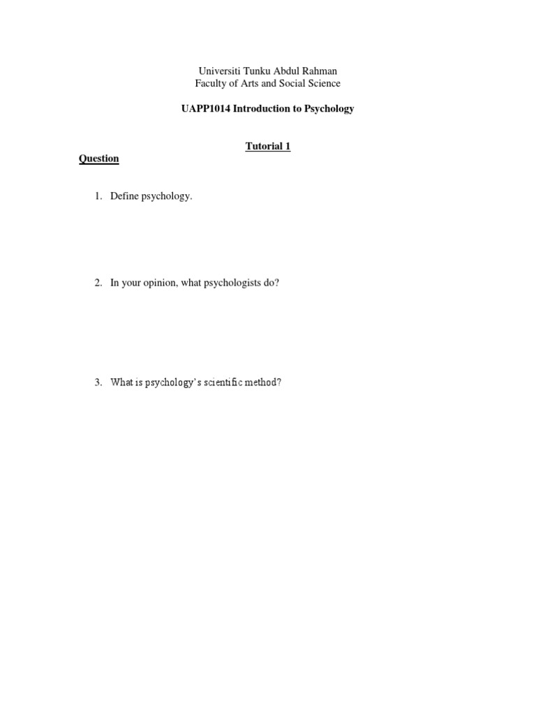 UAPP1014 Intro To Psychology - Tutorial 1 | PDF | Self-Improvement