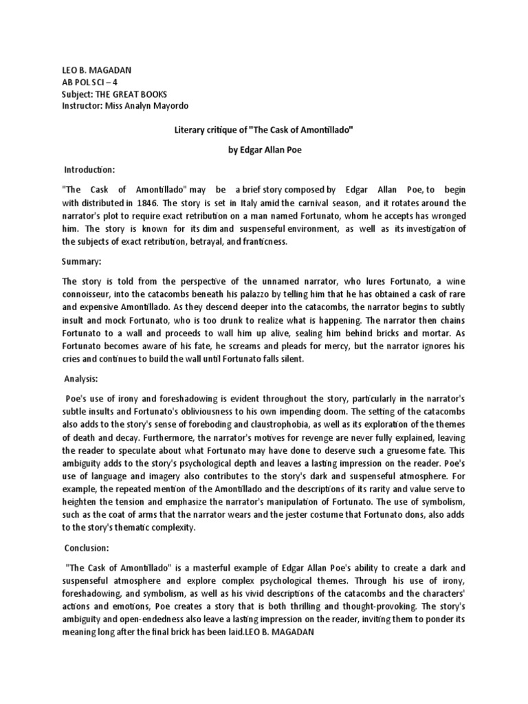 Literary Critique of The Cask of Amontillado | Download Free PDF | Odyssey