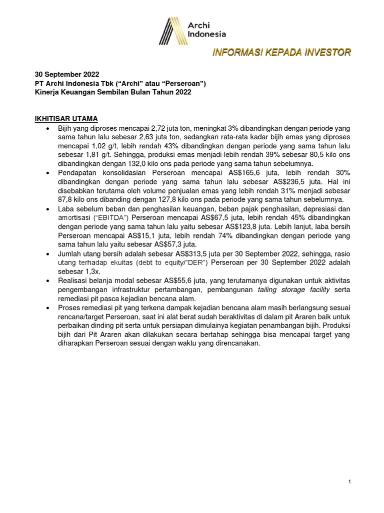 Archi Indonesia Kinerja Keuangan 9M22 | PDF