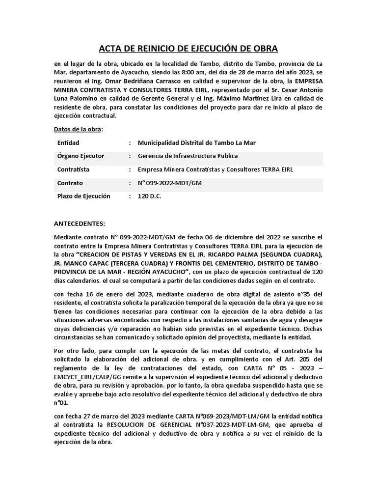 Acta de Reinicio de Ejecución de Obra | PDF