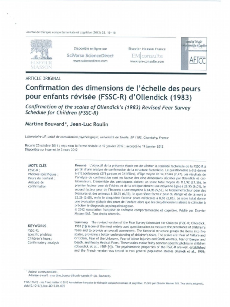 Echelle Des Peurs de L'enfant FSSC-R | PDF