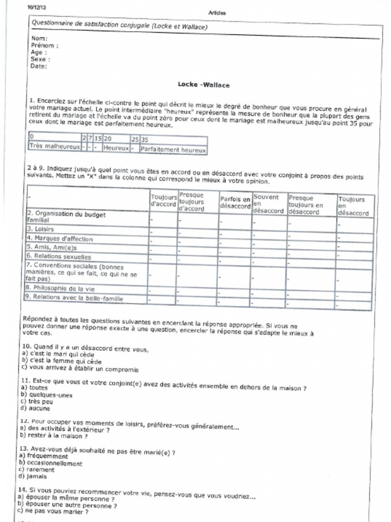 Questionnaire de Satisfaction Conjugale Locke-Wallace | PDF