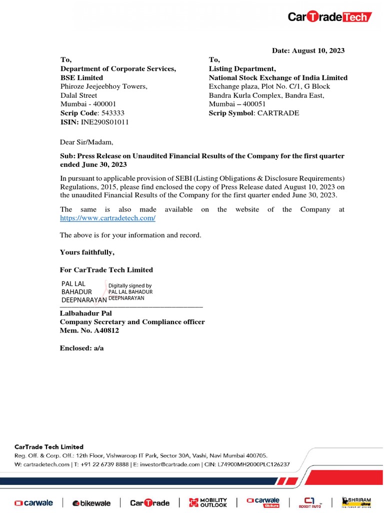 CarTrade Q1 FY24 Financial Results | PDF | Finance & Money Management