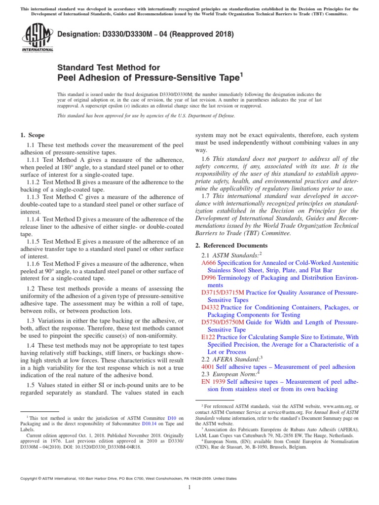Standard Test Method For Peel Adhesion of Pressure-Sensitive Tape | PDF