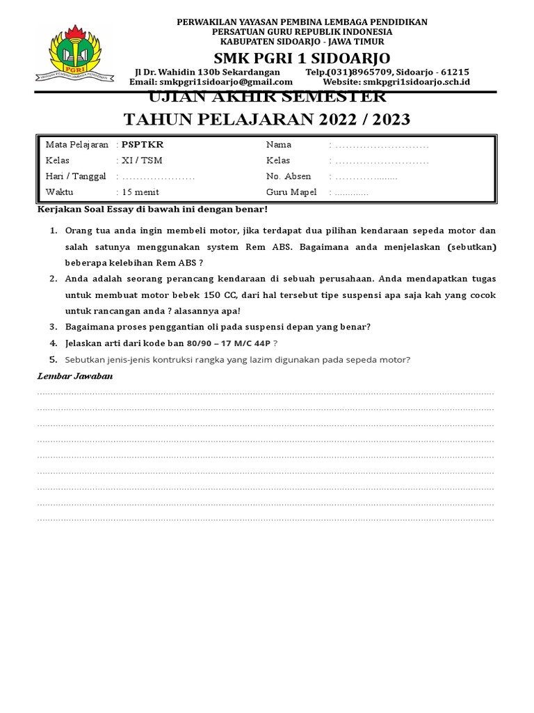 SOAL UAS URAIAN XI TKR CHASIS Fick | PDF