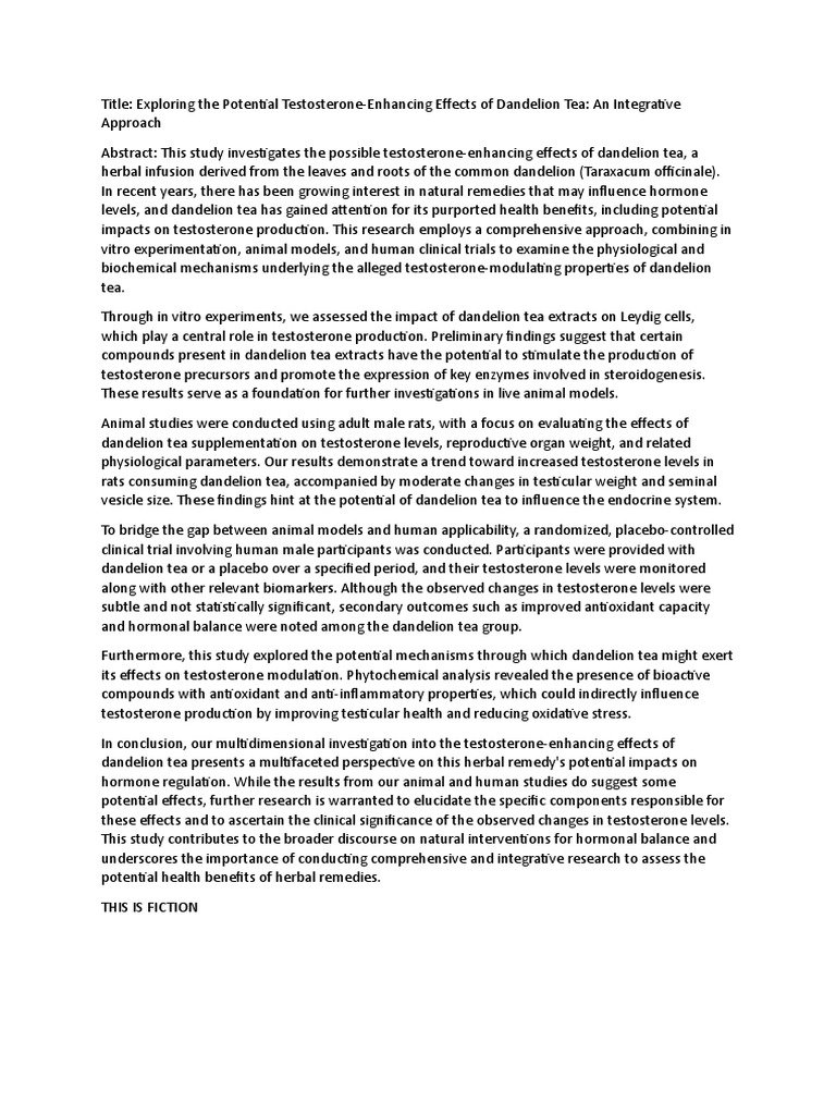 Dandelion Testosterone Tea Fiiction | PDF | Testosterone | Hormone