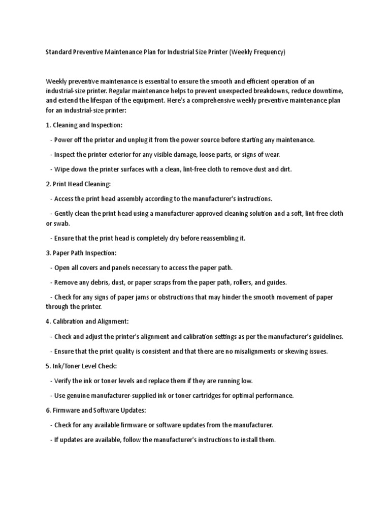 Standard Preventive Maintenance Plan For Industrial Size Printer | PDF