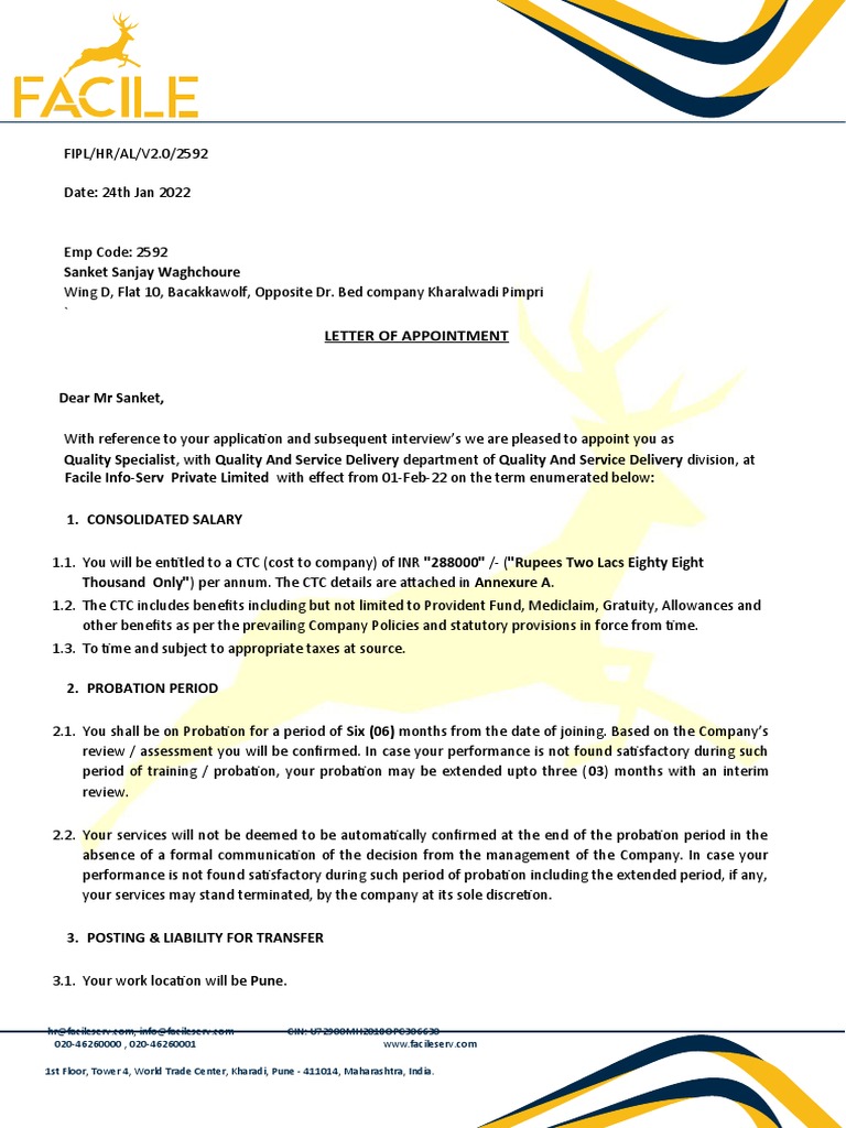 Offer Letter Facile | PDF