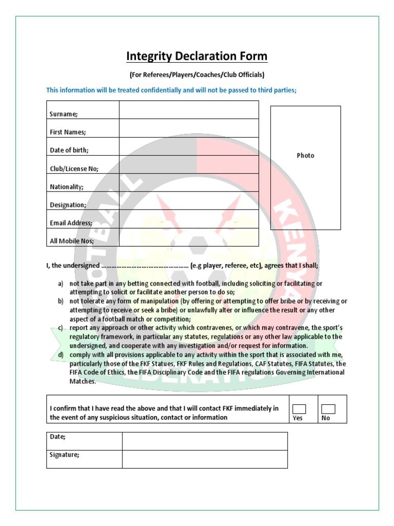 Integrity Declaration Form for Sports Officials | PDF