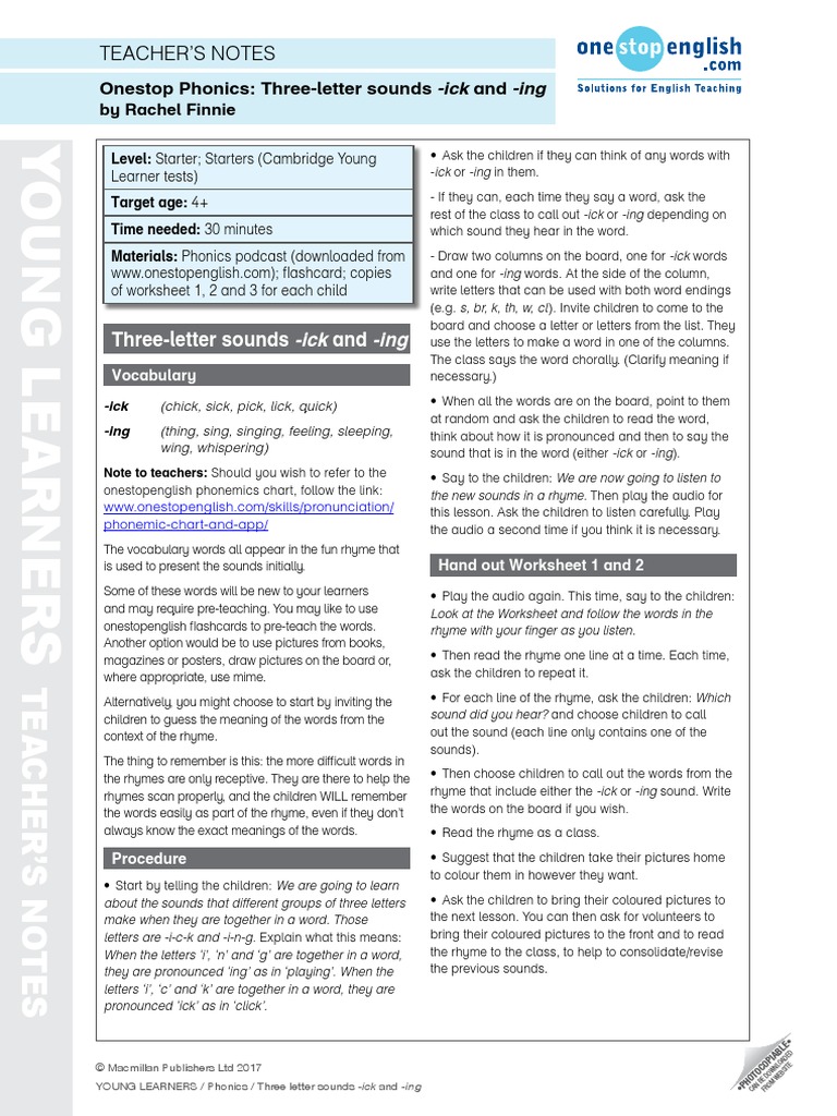 Onestop Phonics - Ick and Ing - Lesson Plan | PDF | Phonics | Vocabulary