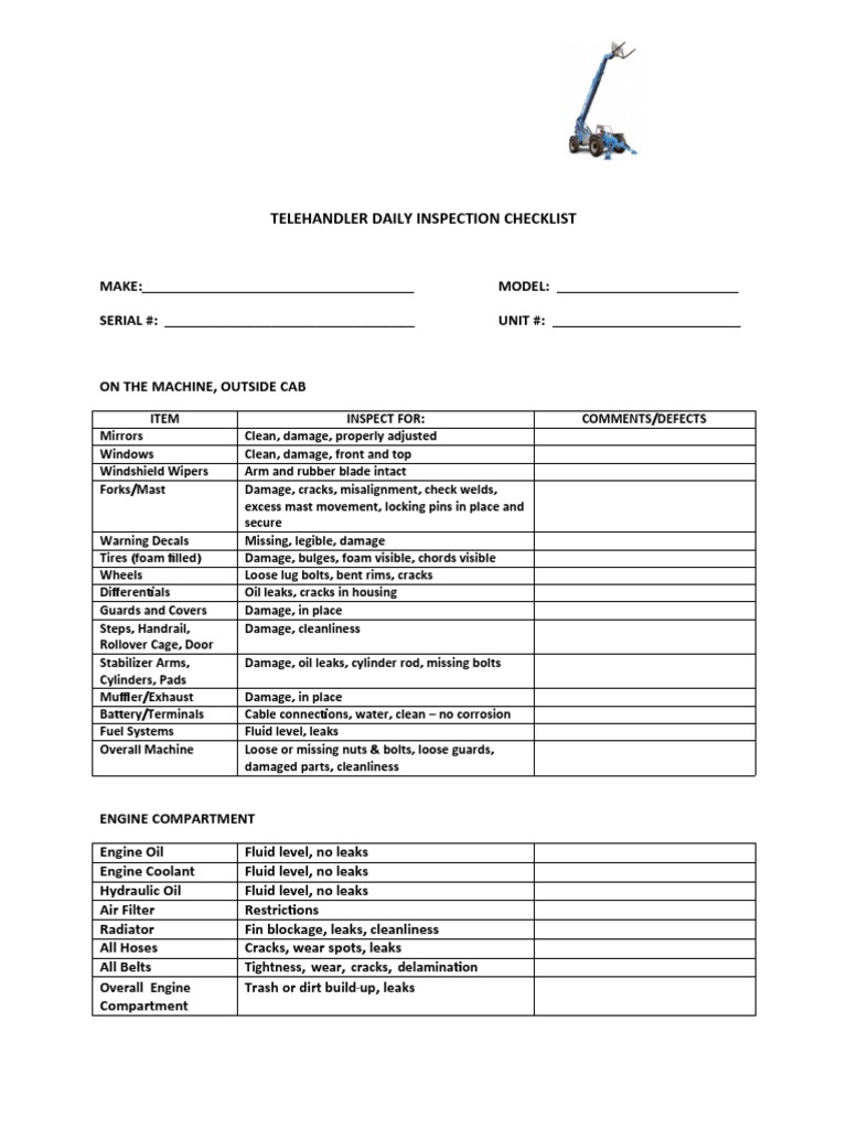 Daily Telehandler Inspection Checklist | PDF | Technology & Engineering