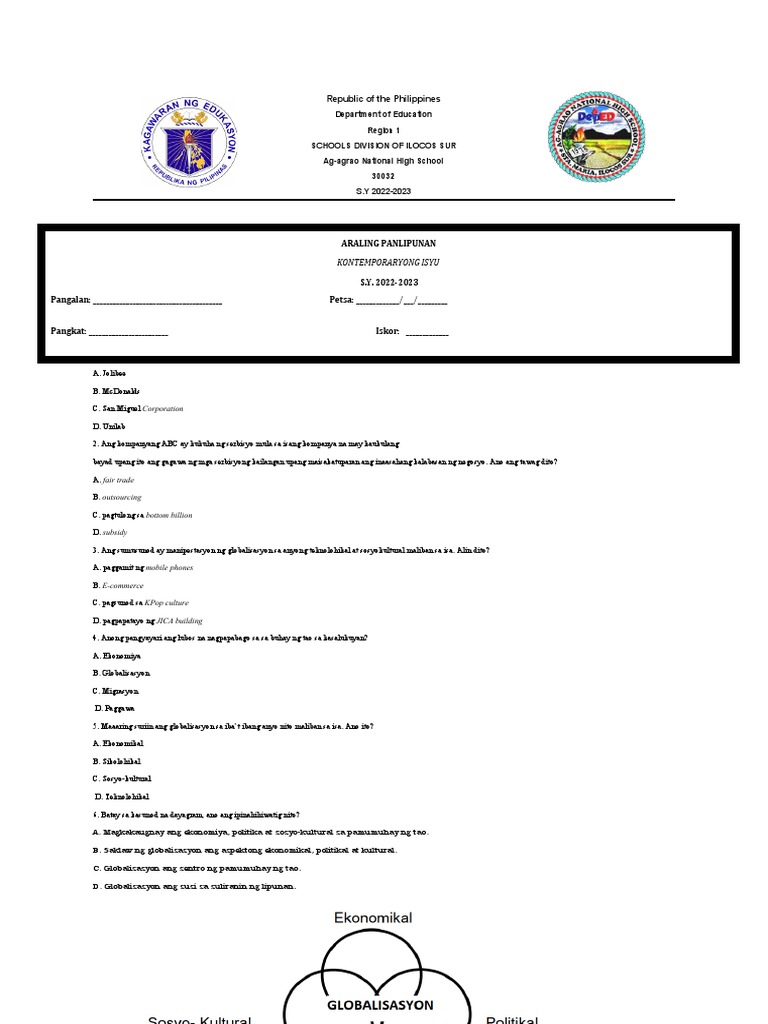 S.Y 2022-2023 AP10 Quarter 2 Exam | PDF