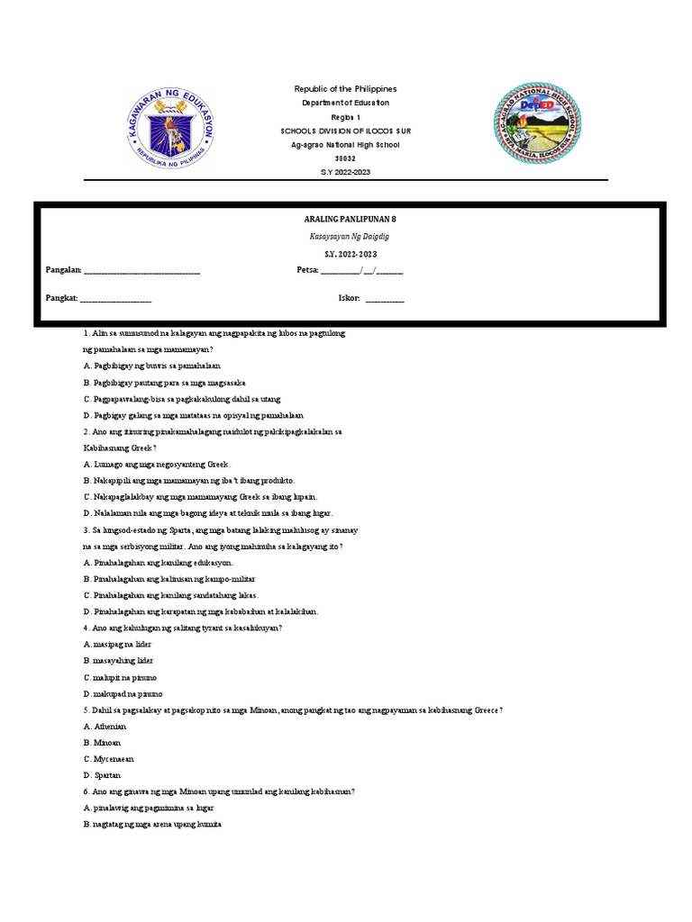 S.Y 2022-2023 AP8 Quarter 2 Exam | PDF