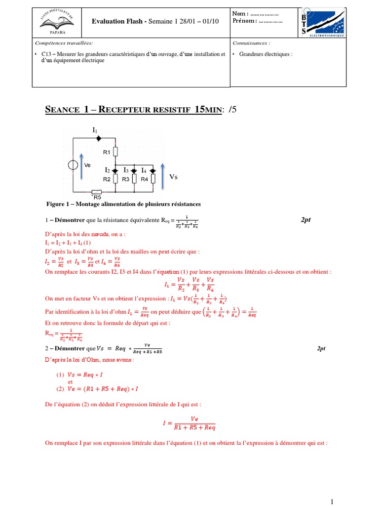 Evaluation Flash 1 - Les Lois de Kirchhoff Et Loi D'ohm-Corrigé | PDF